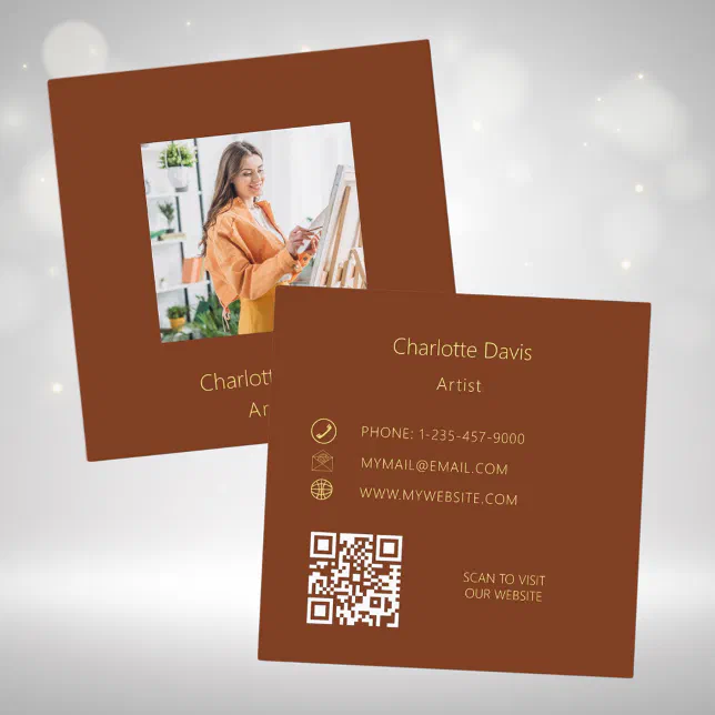 Rust brown photo QR code Square Business Card | Zazzle