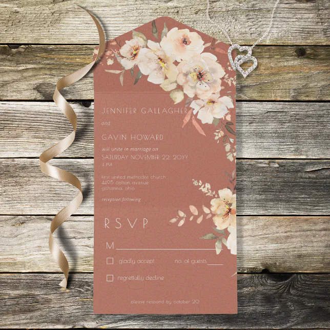 Rust Vintage Cream Floral No Dinner All In One Invitation | Zazzle