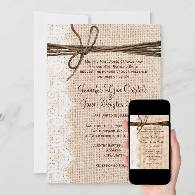 Rustic Country Burlap Lace Twine Wedding Invites | Zazzle