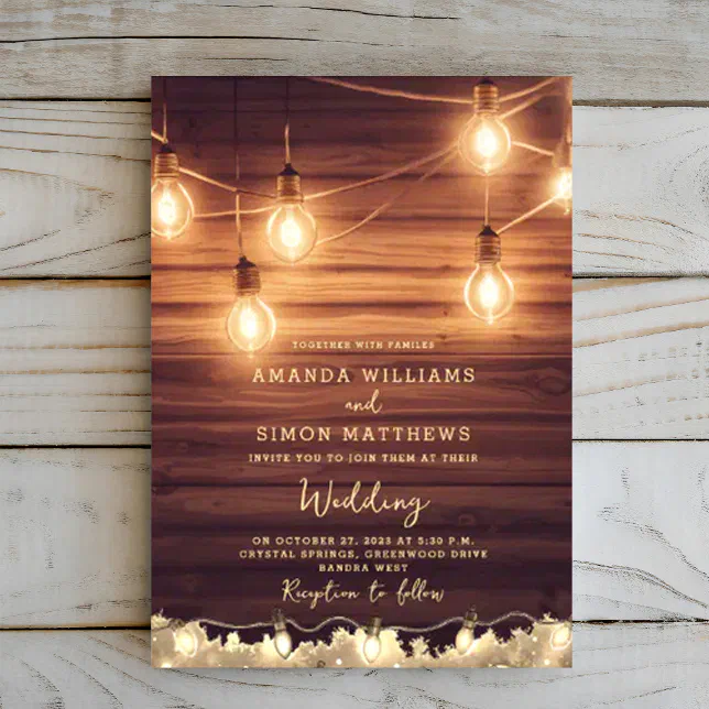 Rustic Country String Lights Barn Wood Wedding Invitation | Zazzle