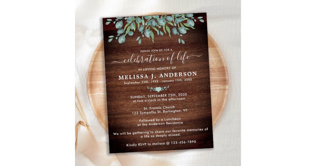 Rustic Funeral Greenery Celebration Of Life Invitation Postcard | Zazzle