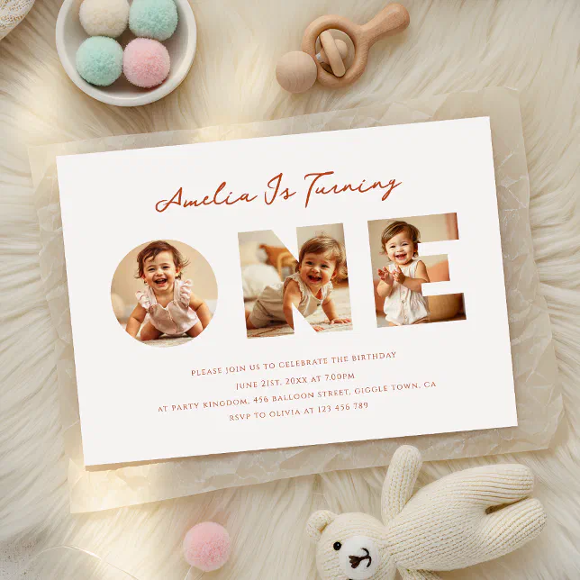Rustic Minimal Script Photo Collage First Birthday Invitation | Zazzle