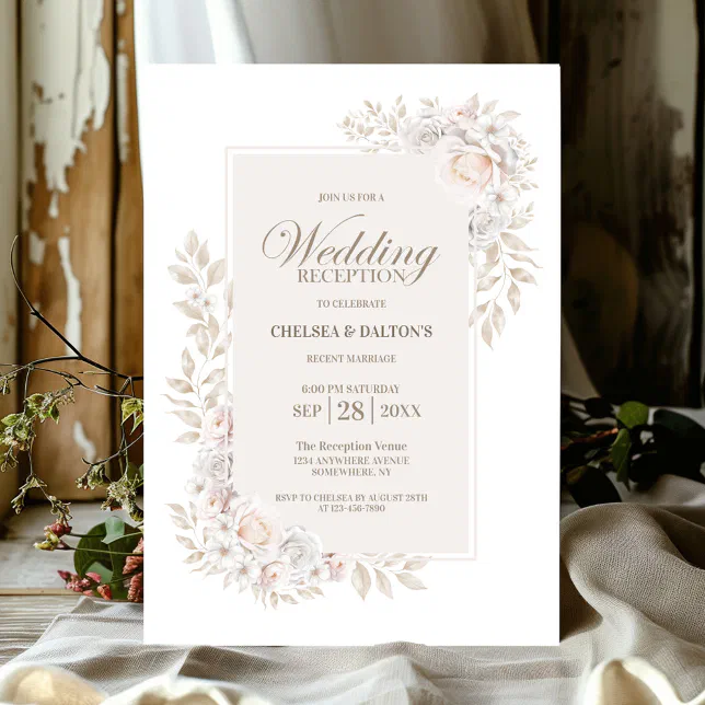Rustic Neutral Floral Wedding Reception Invitation | Zazzle
