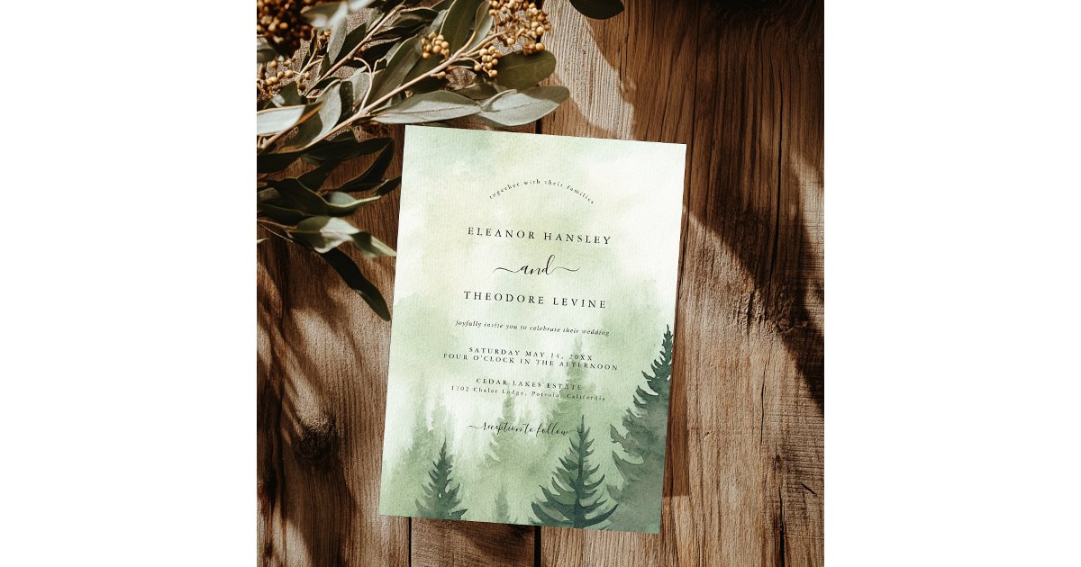 Rustic Pine Tree Forest Watercolor Wedding Invitation | Zazzle