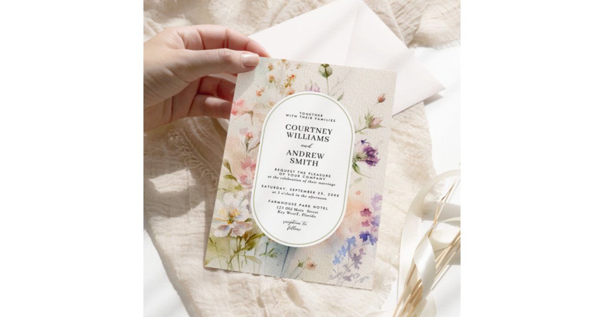 Rustic Retro Watercolor Wildflowers Wedding Invitation | Zazzle