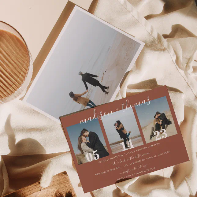 Rustic Terracotta Script Photo Collage Wedding Invitation | Zazzle