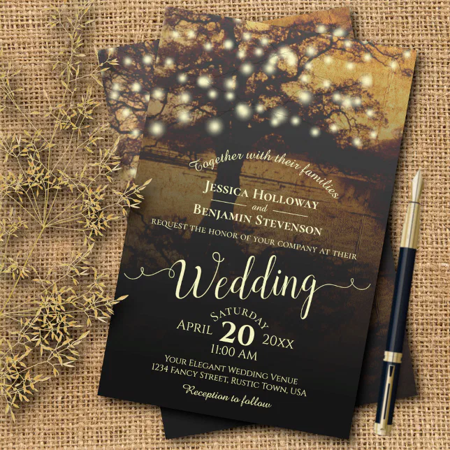 Rustic Tree & Lights BUDGET Wedding Invitation | Zazzle