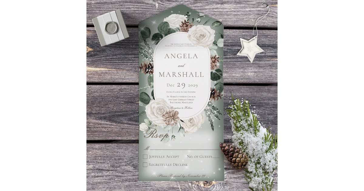 Rustic Winter Floral Green Sparkle No Dinner All In One Invitation | Zazzle