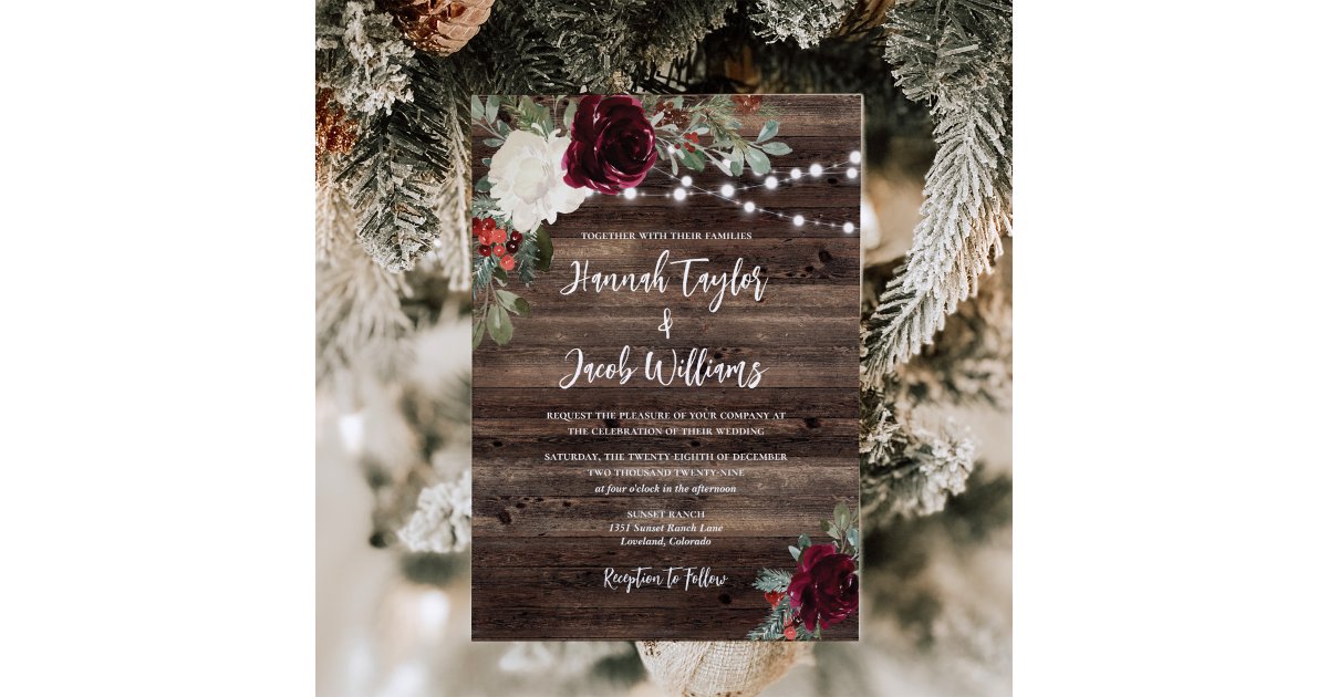Rustic Wood Christmas String Lights Wedding Invitation | Zazzle