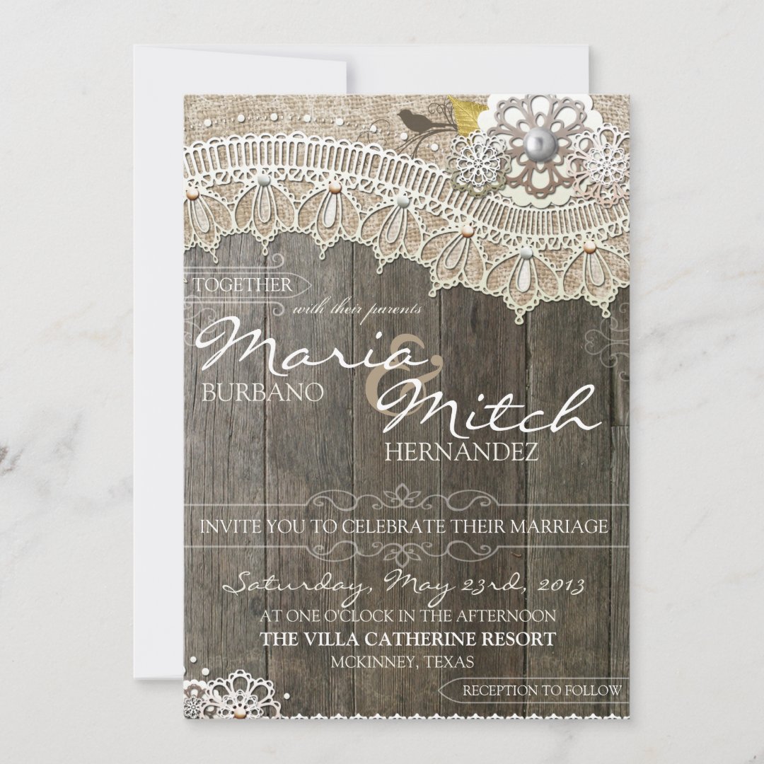 Rustic Wood & Lace Floral Wedding Invitation | Zazzle