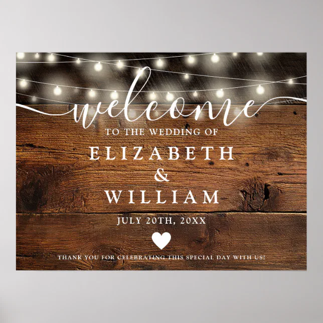 Rustic Wood String Lights Wedding Welcome Sign | Zazzle