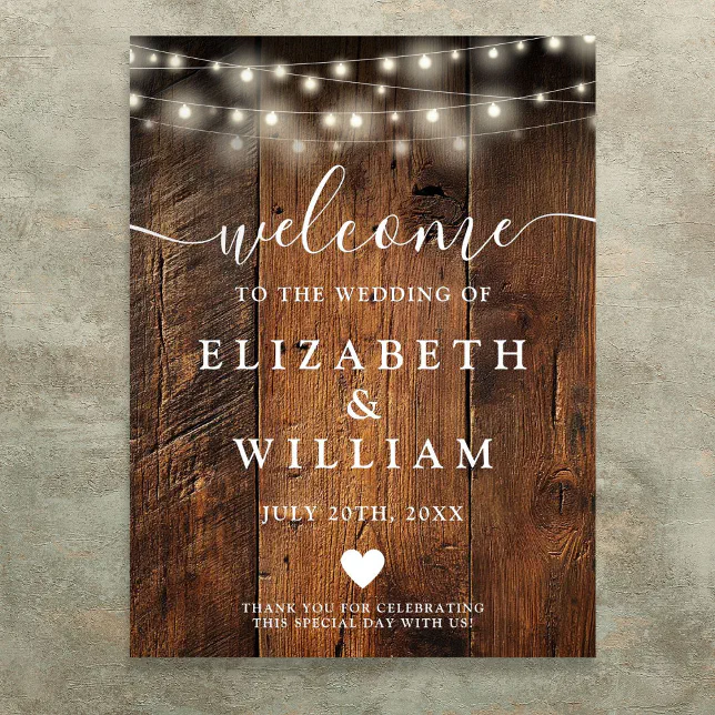 Rustic Wood String Lights Wedding Welcome Sign | Zazzle