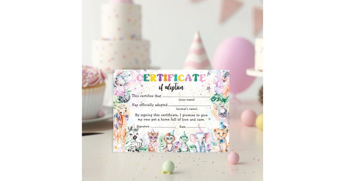Safari Wild Animals Adoption Certificate Birthday Invitation | Zazzle