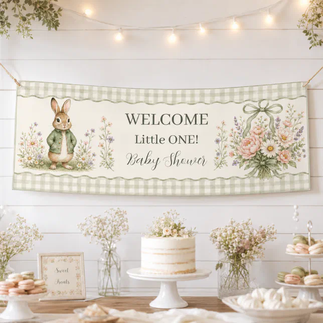 Sage Gingham Rabbit Baby Shower Banner | Zazzle