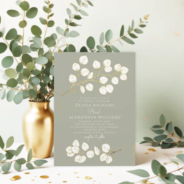 Sage Green Glod greenery Eucalyptus Wedding Invitation | Zazzle