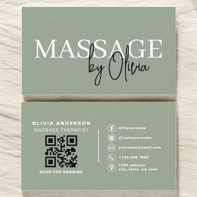 Sage Green Massage Therapist QR Code Business Card | Zazzle