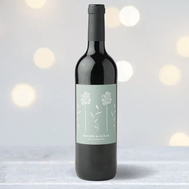 Sage Green Minimalist Curly Floral Wine Label | Zazzle