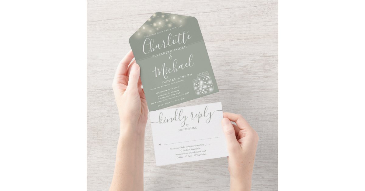 Sage Green String Lights Mason Jars Wedding All In One Invitation | Zazzle
