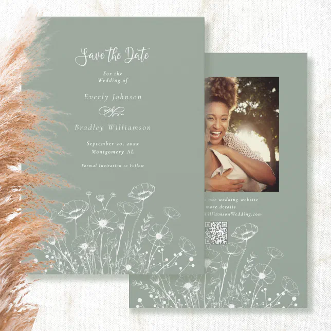 Sage Green White Wildflower Save the Date Wedding Invitation | Zazzle
