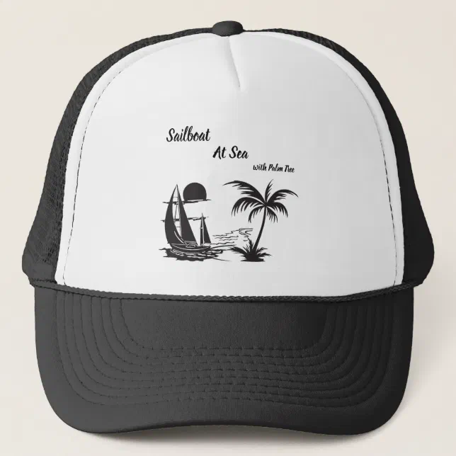 Sailboat at Sea with Palm Tree – Tropical Beach Trucker Hat | Zazzle