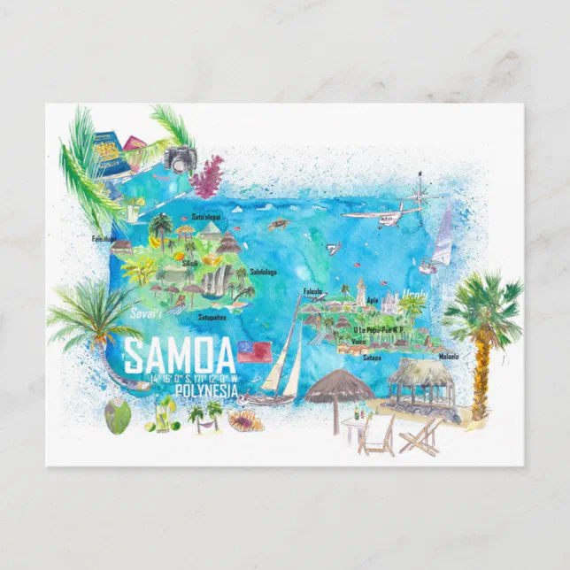 Samoa Illustrated Island Travel Map Postcard | Zazzle
