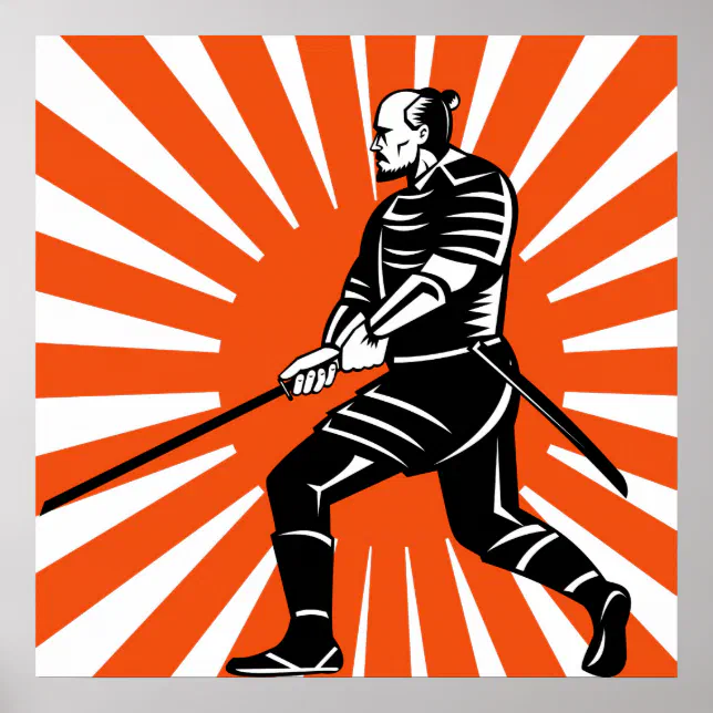 Samurai warrior with katana sword pointing side poster | Zazzle