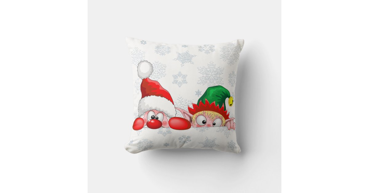 Santa and Elf Cute and funny Characters Peeking Cushion | Zazzle