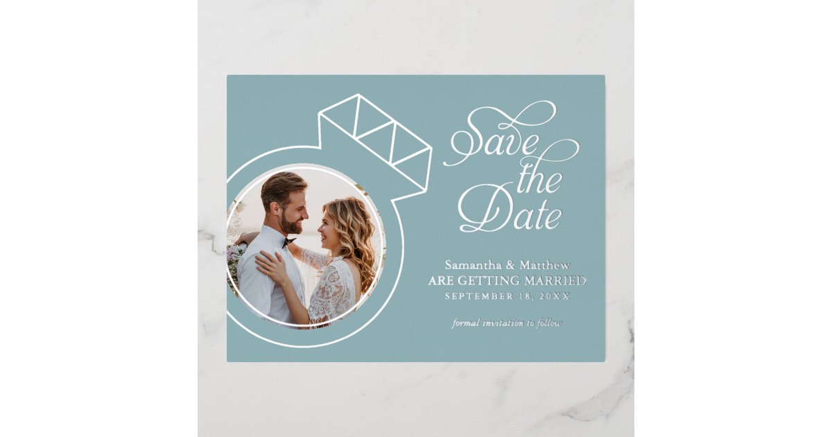 Sea Glass Blue Wedding Save the Date Photo Foil Invitation Postcard ...