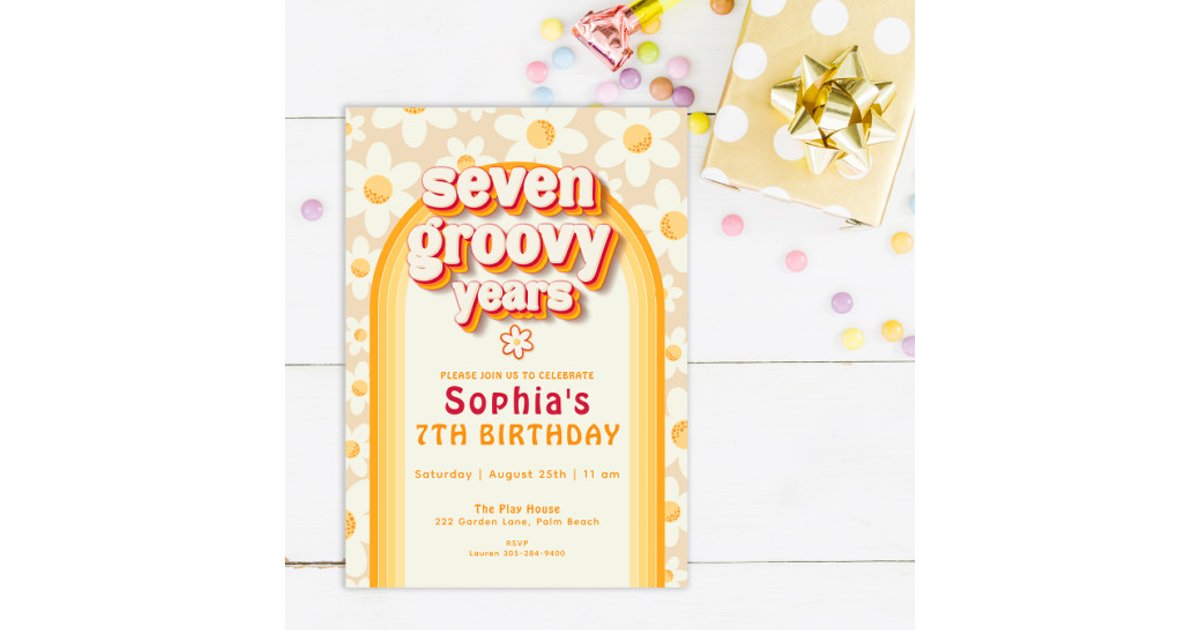 Seven Groovy Years 7th Birthday Invitation | Retro | Zazzle
