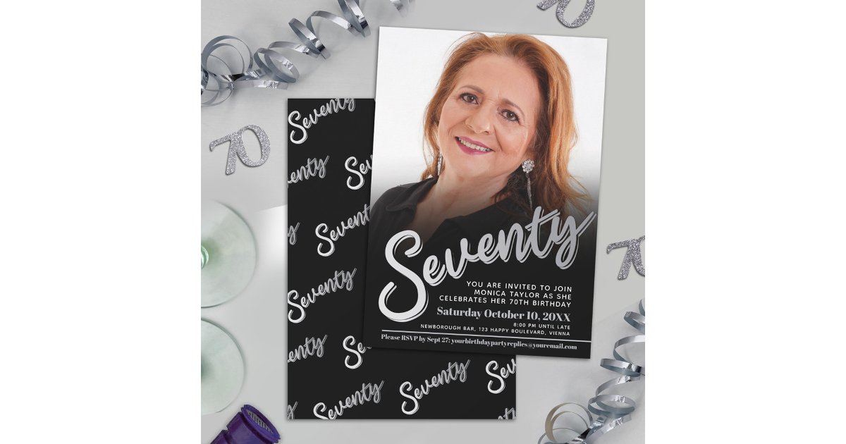 Seventy 70th Birthday photo script silver black Invitation | Zazzle