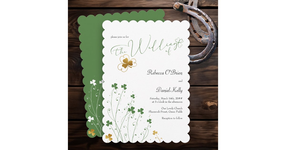 Shamrock Wildflower Green and Gold Wedding Invitation | Zazzle