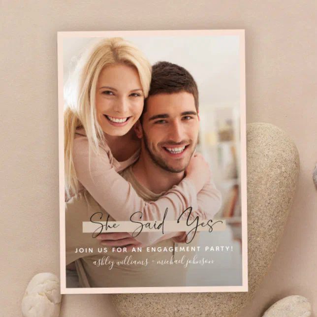 She Said Yes Calligraphy Blush Gold Engagement Invitation | Zazzle