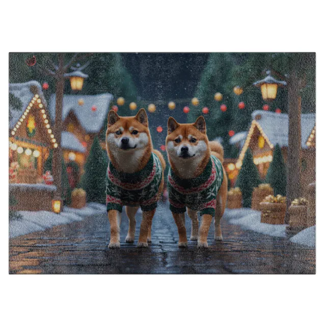 Shiba Inu Dogs Christmas Snow Holiday Cutting Board | Zazzle