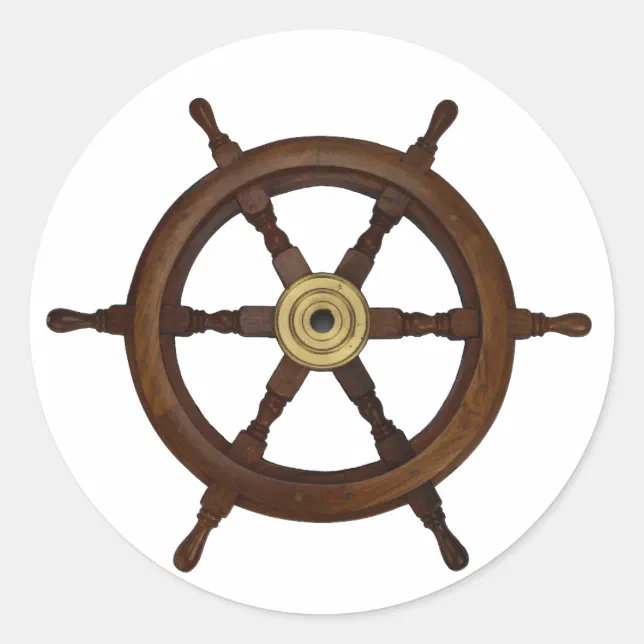 Ships wheel, boat wheel, old oak steering wheel classic round sticker ...