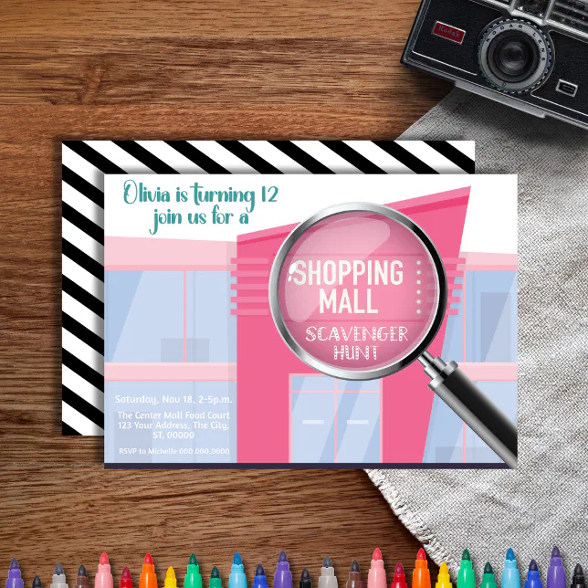 Shopping Mall Scavenger Hunt, Tween Birthday Invitation | Zazzle