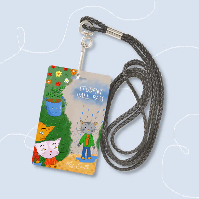 Silly Cartoon Cat Student Hall Pass Badge ID Badge | Zazzle