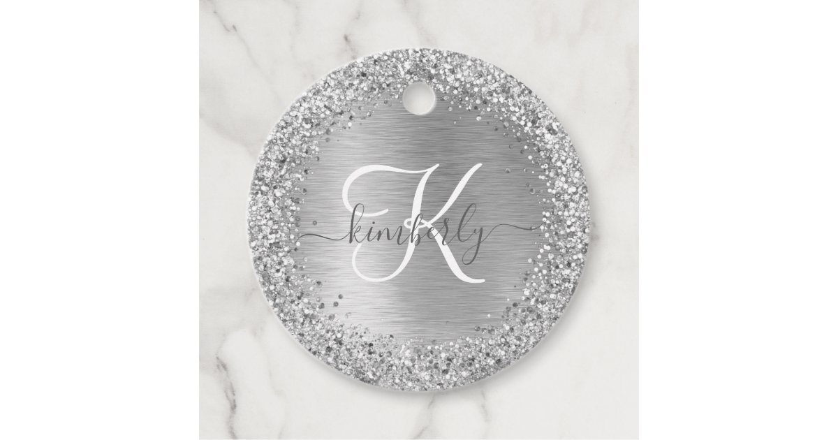 Silver Brushed Metal Glitter Monogram Name Favour Tags | Zazzle