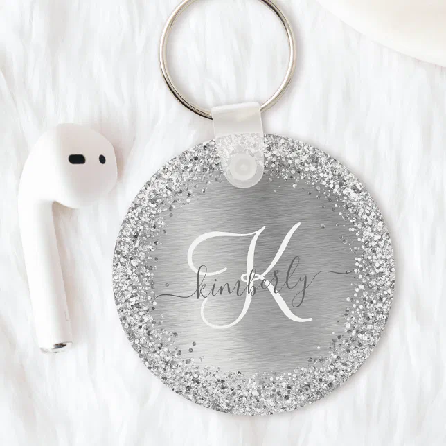 Silver Brushed Metal Glitter Monogram Name Key Ring | Zazzle