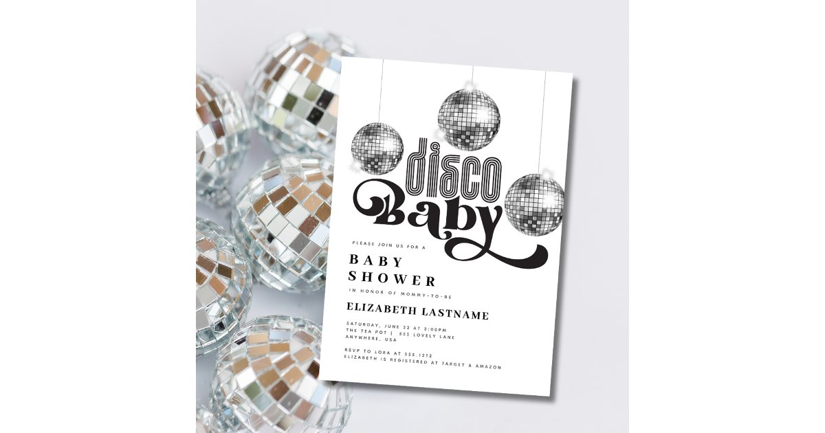 Silver Disco Ball Retro Disco Baby Shower Invitation | Zazzle