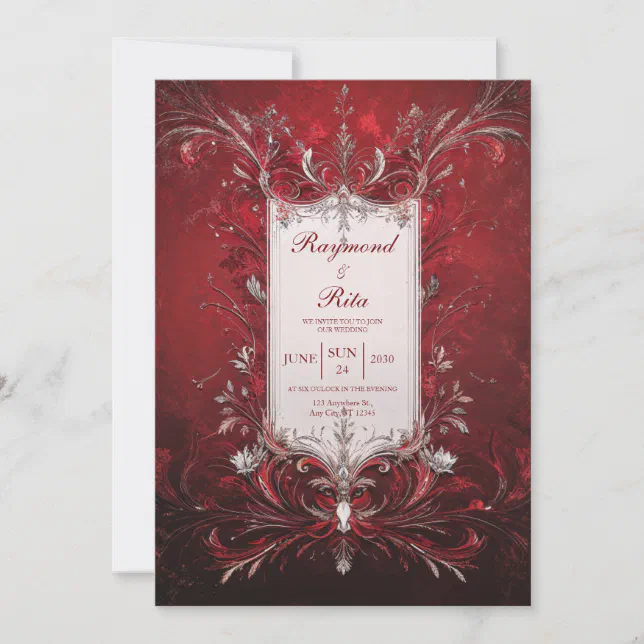 Silver Filigree Deep Red Baroque Wedding Invitation | Zazzle