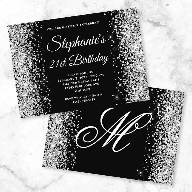 Silver Glitter Black Fancy Monogram 21st Birthday Invitation | Zazzle