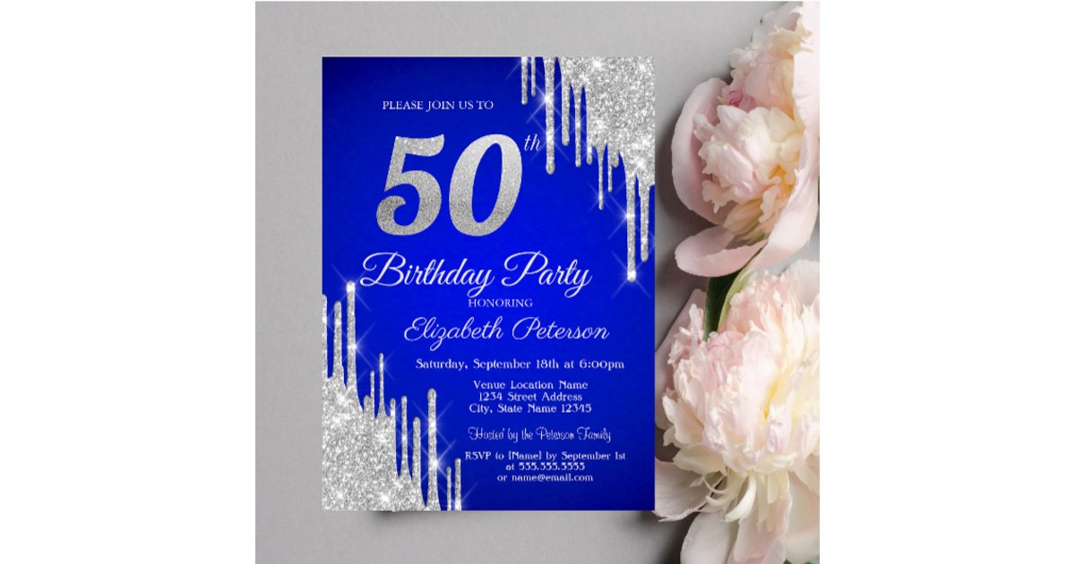Silver Glitter Drips Royal Blue 50th Birthday Invitation | Zazzle