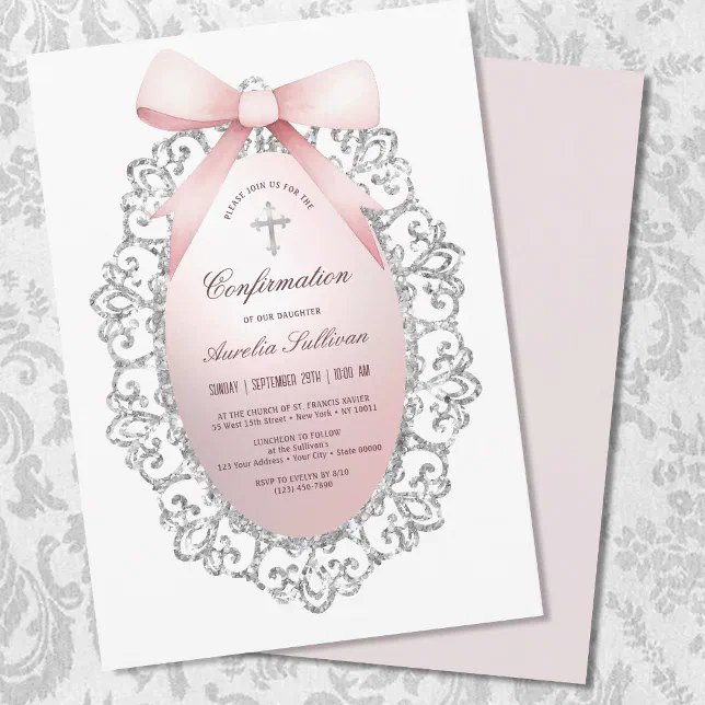 Silver Glitter Frame Pink Bow Confirmation Invitation | Zazzle