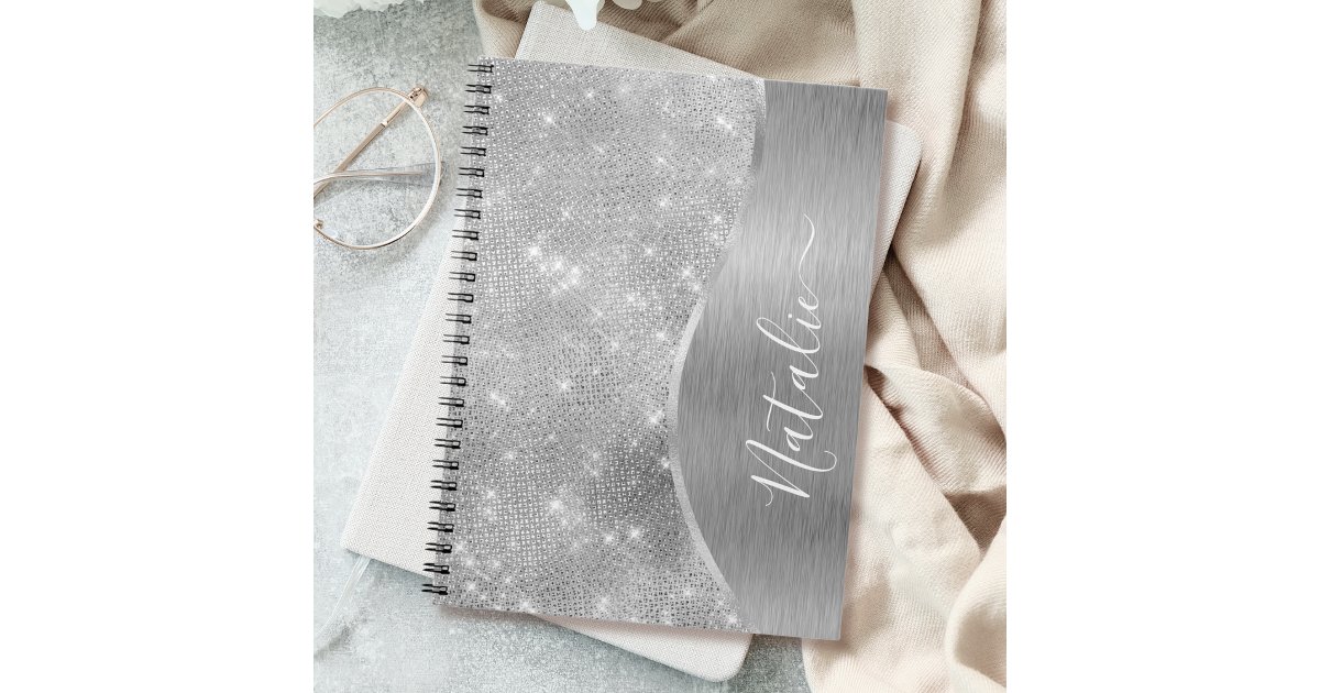 Silver Glitter Glam Bling Personalized Metallic Notebook | Zazzle