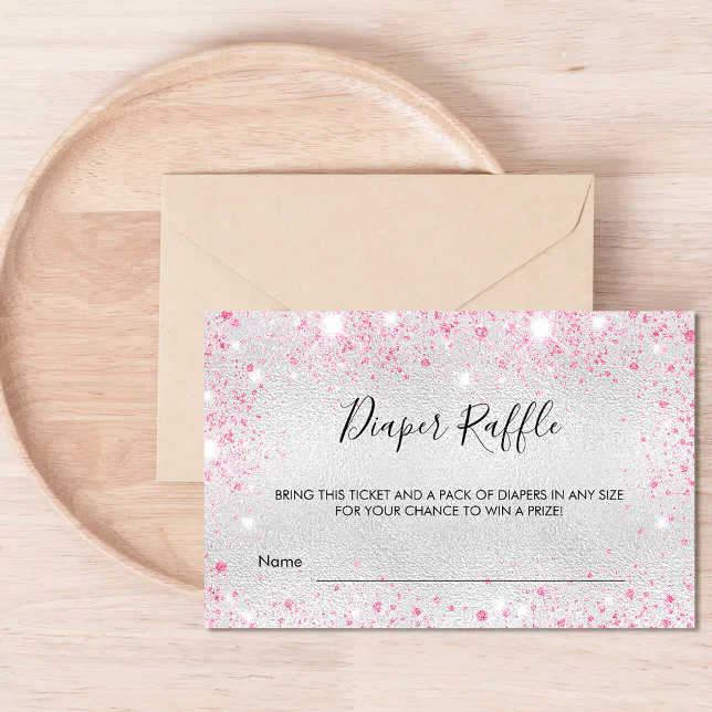 Silver pink glitter girl diaper raffle ticket | Zazzle