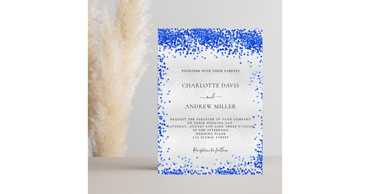 Silver royal blue confetti luxury wedding invitation | Zazzle