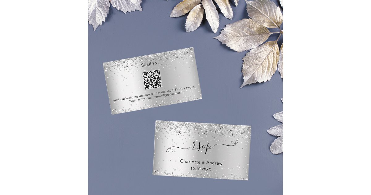Silver sparkle wedding website RSVP QR code Enclosure Card | Zazzle