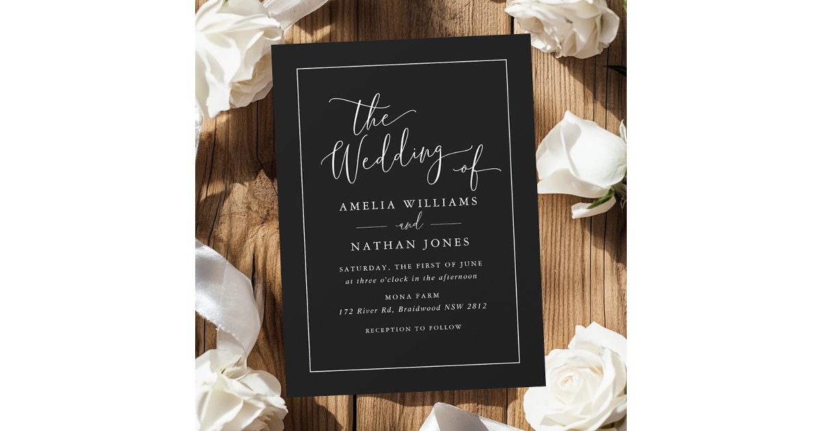 Simple Black White Rustic Script Wedding Invitation | Zazzle