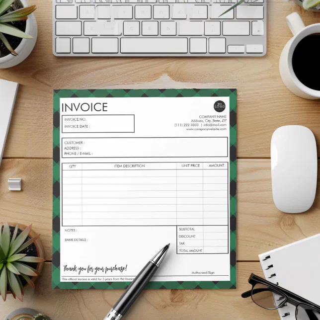 Simple Custom Green Plaid Border Invoice Template Notepad | Zazzle