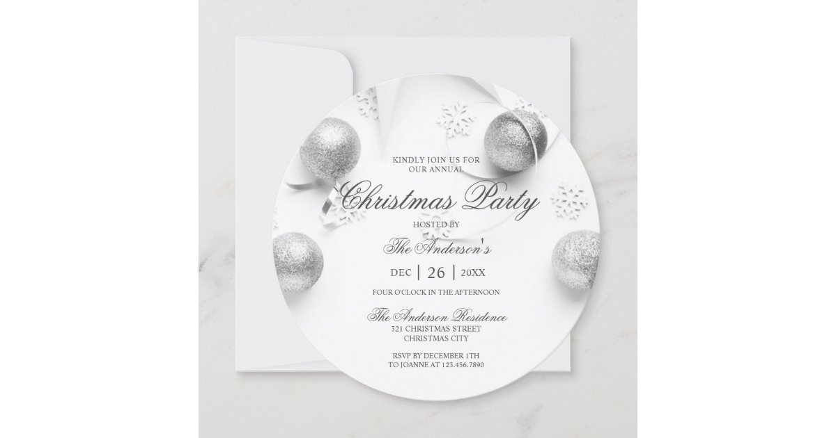 Simple Elagant White and Silver Christmas Party Invitation | Zazzle